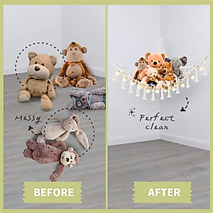 UNKENBO Stuffed Animal Storage Hammock - Macrame Toy Hammock with Photo Clips, Star String Lights, Space Saving Hanging Corner Stuffed Animal Net or Hammock, Boho Kids Bedroom Decor (Cream)