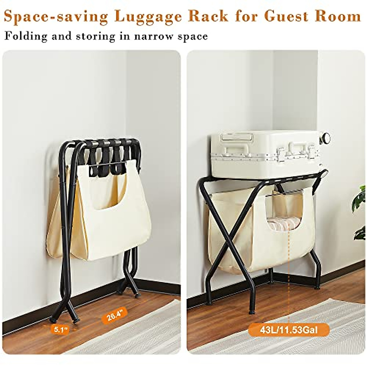 ELYKEN 2 Pack Luggage Rack with Laundry Bag, Guest Room Folding Space Saving Suitcase Holder, Max 110LBS Baggage Shelf with Heavy Duty Nylon Belts, Dirty Clothes Storage for Bedroom Hotel