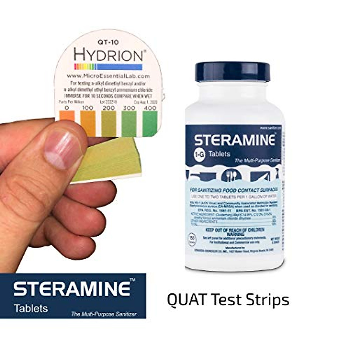 Steramine Quat Test Strips, 30 x QT-10 Test Strips to Measure 0-400 ppm, For Testing Sanitizing Solutions Made with Steramine Quaternary Tablets, 2 x Envelopes