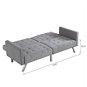 75"Convertible Folding Futon Sofa Bed,Split Back Design,Modern Fabric Sleeper Couch Bed with Armrest and Chrome Legs,Upholstered Recliner Loveseat for Living Room Apartment Dorms Office (Light Grey)