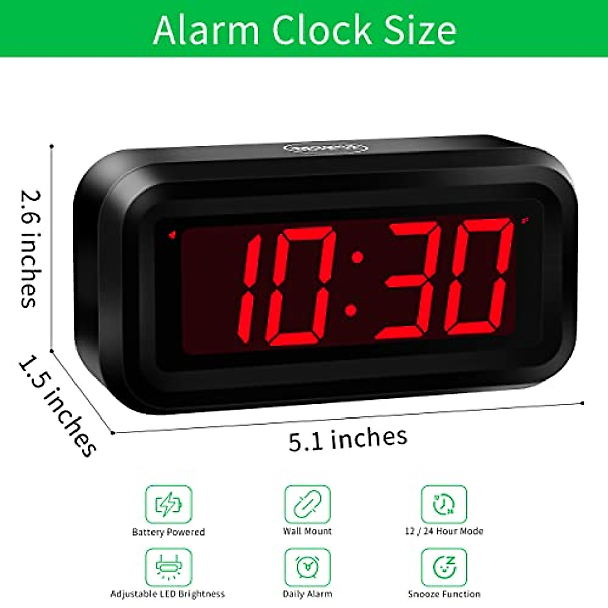 KWANWA Alarm Clock, Wall Clock, Battery Operated, Adjustable 3-Level Led Brightness, Dim Night Model, 12/24Hr, Cordless, Constantly 1.2'' Red Digits Display, Small Clock for Bedroom