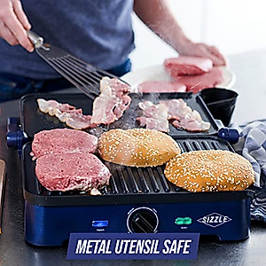 Blue Diamond Ceramic Nonstick, Electric Contact Sizzle Griddle, Open Flat Design, Dishwasher Safe Removable Plates, Adjustable Temperature Control, PFAS-Free, Blue