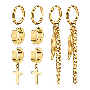 Ofeiyaa 4 Pairs Stainless Steel Dangle Hinged Hoop Earrings Huggie Earrings Piercing CZ Stud for Men Women Silver