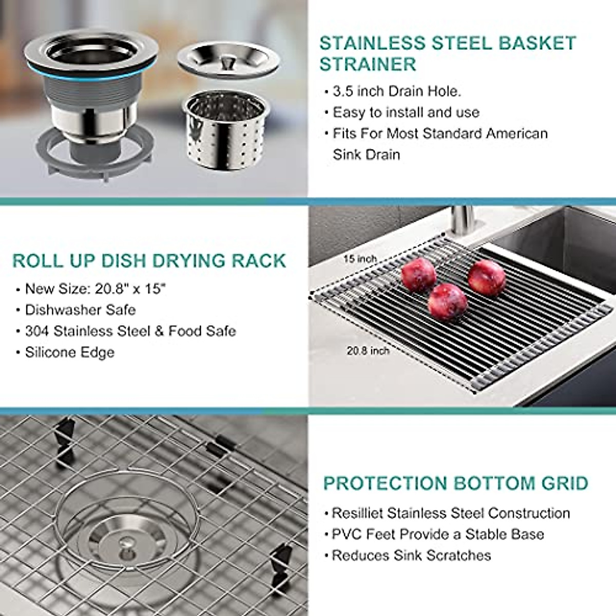 SR SUN RISE 30 Inch Kitchen Sink, Undermount Single Bowl Kitchen Sink, 16 Gague 304 Stainless Steel Sink with Roll Up Dish Drying Drainer & Strainer & Bottom Grid, 30"×18"×10"