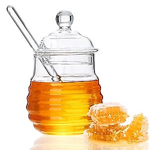 HAIJSEVR Beehive Honey Jar, Glass Honey Pot with Dipper and Lid Cover, Large Container for Bee Pie Jam Jelly Home Kitchen, Clear 10.5 Ounce(300ml)
