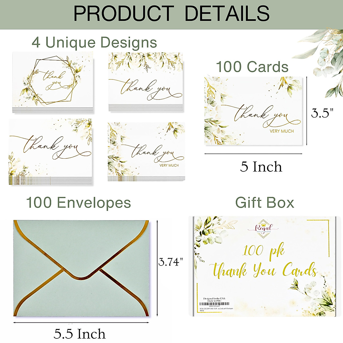 REGAL DECORATIONS Luxury 100 Pack Thank You Cards with Envelopes Bulk, Sage Green And Gold Foil Stamped -5x3.5 Inches. Ideal For Wedding, Blank Thank You Notes, Baby Shower Thank You Cards, Bridal Shower, Small Business, Graduation, Kids, Sympathy