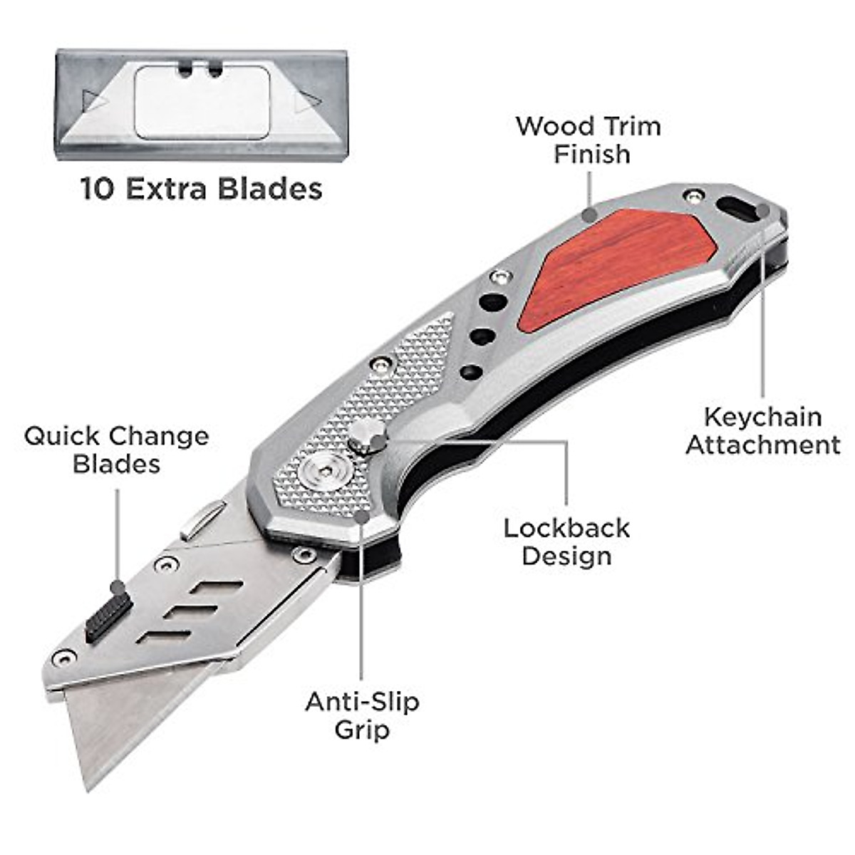 FC Folding Heavy Duty Utility Knife - Pocket Box Cutter with Holster, Quick Change Blades, Razor Sharp, Lockback Design, Lightweight Aluminum Body & Wood Trim