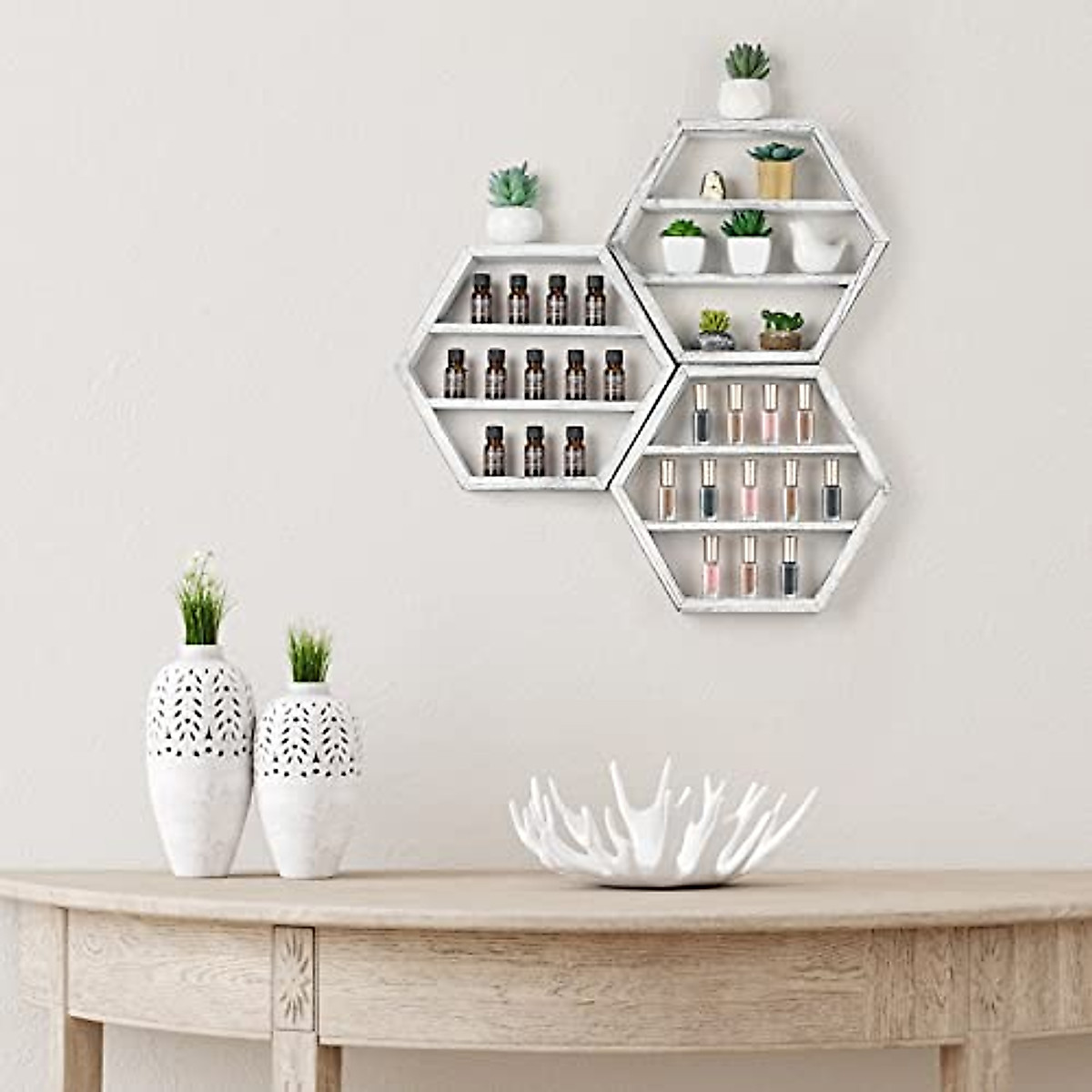 Essential Oils Storage Shelf Wall Mounted Rustic Nail Polish Rack Organizer Wood Farmhouse Hexagonal Floating Shelves for Bathroom Bedroom Living Room Office, Rustic White