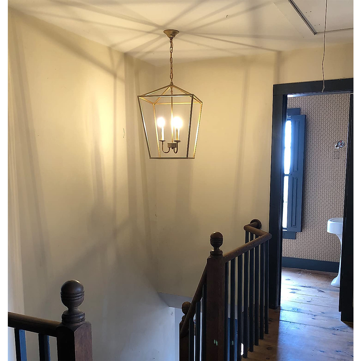 Foyer Lantern Pendant Light Fixture, Dst Gold Iron Cage Chandelier Industrial Led Ceiling Lighting, Size: D17'' H25'' Chain 45''