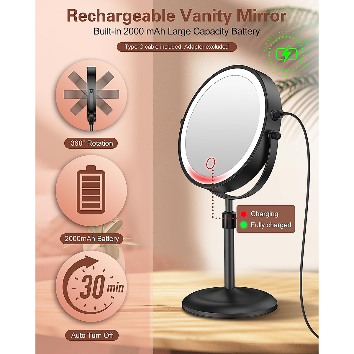 Benbilry Lighted Makeup Mirror with 10X Magnification & 3 Color Lights, Adjustable Brightness & Height, 7 Inch 360° Swivel Rechargeable LED Magnifying Make Up Mirror with Lighting (Black)