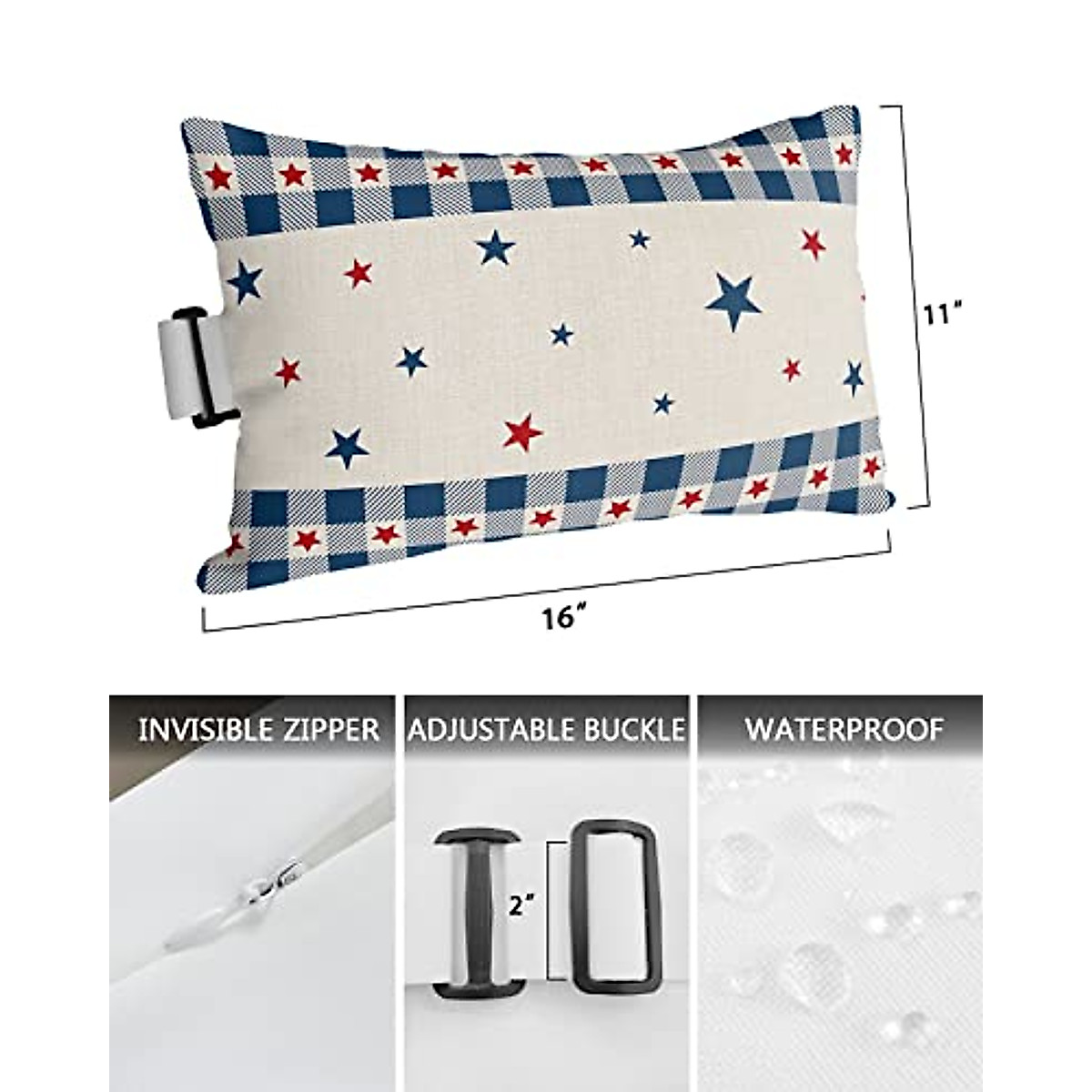 Recliner Head Pillow Ledge Loungers Chair Pillows with Insert 4th of July USA Flag Star Patriot Cotton Linen Lumbar Pillow with Adjustable Strap Outdoor Waterproof Patio Pillows for Beach Pool, 2 PCS