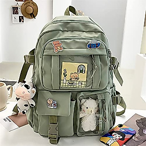 hwojjha Backpack Lovely Pastel Rucksack for Teen Girls, Cute Aesthetic Bookbag for School with Kawaii Pin and Accessories (green)