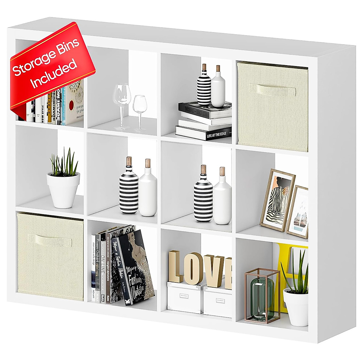 Bookshelf with Storage Bins, 12-Cube Storage Organizer with Back Panels, Modern Wood Open Bookcase, Multifunctional Display Shelf for Living Room, Bedroom, Home Office, White