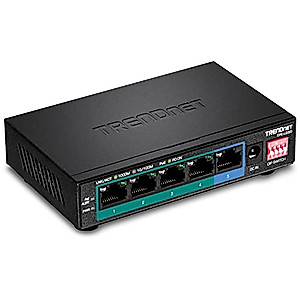 TRENDnet 5-Port Gigabit Long Range PoE+ Switch, 4 x Gigabit PoE+ Ports, 1 x Gigabit Port, 32W PoE Budget, 10Gbps Switching Capacity, Extends PoE+ 200m (656 ft), Lifetime Protection, Black, TPE-LG50
