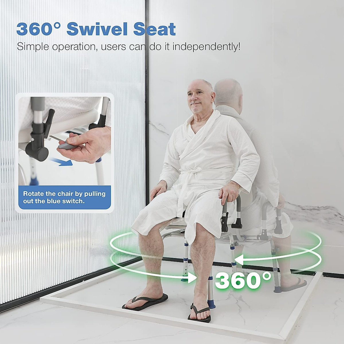 GreenChief Swivel Shower Chair for Inside Shower - Handicap Bath Chair with Drop Arms and Back, 360 Degree Rotating Shower Seat for for Elderly and Disabled (300 LB)