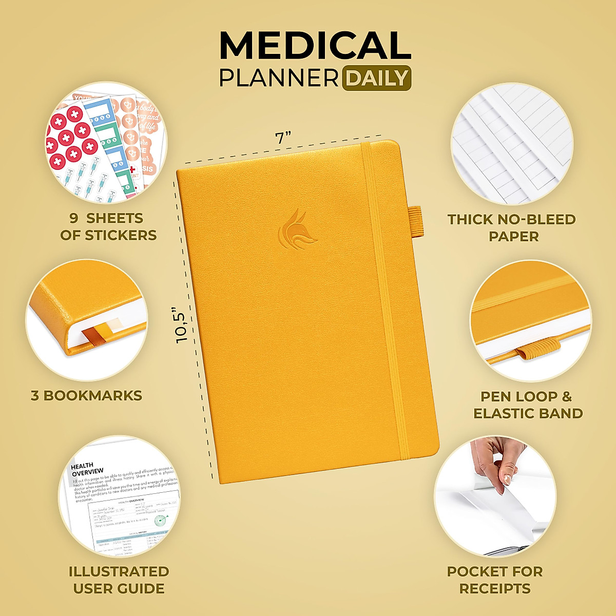 Clever Fox Medical Planner Daily – Health Diary Notebook, Wellness Journal & Self-Care Logbook, Lasts 3 Months, 7x10.5″ (Amber Yellow)
