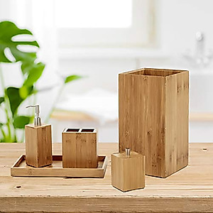 Seville Classics Bamboo Wood Bathroom Vanity Organizer Set with Soap Dispenser & Tooth Brush Trash Bin, Cotton Ball & Q-Tip Holder, Towel Tray, 5 Piece