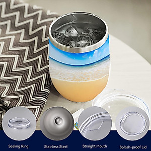 silichee 12 Oz Stainless Steel Stanley Cup with Lid Blue Tropical Sea Sky Clouds Horizon Yellow Sandy Beach Insulated Tumblers Vacuum Coffee Mugs for Hot and Cold Wine,Drinks,Coffee