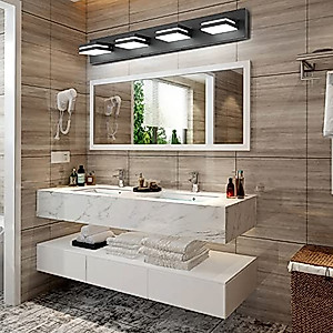 SineRise LED Modern Bathroom Vanity Light Fixtures (4-Light, 30-Inch, Dimmable), Matte Black Modern Acrylic Bathroom Wall Lighting Fixtures Over Mirror (Cool White 6000K)