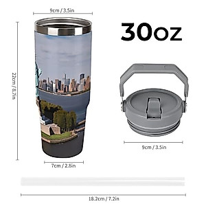 BWQJKUO Large Capacity Car Cup 30 Oz Stainless Steel Statue of Liberty in NYC Printed Travel Mug Leak-proof Flip Straw Tumbler with Handle,keeps Cold Or Ho