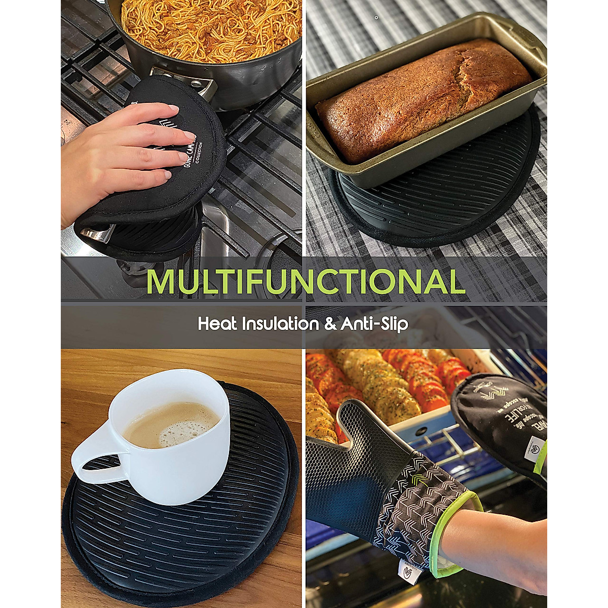 Trailersphere Silicone Oven Mitt and Pot Holder Set, Gone Camping Collection, Non-Slip Grip, Heat Resistant with Hanging Loops, Perfect for RV Kitchens and Camping, Modern and Inspirational Design