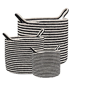 Super Area Rugs Farmhouse Plant Basket/Planter Multi Purpose Open Top Bin with Handles, Cotton Rope Basket, 8-inch, 10-inch and 12-inch Black & White