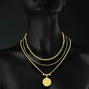 LANE WOODS 18k Gold Plated Necklaces for Women - Multilayer Coin Medallion Pendant Necklace Adjustable Layering Choker Necklaces Chain Set Jewelry