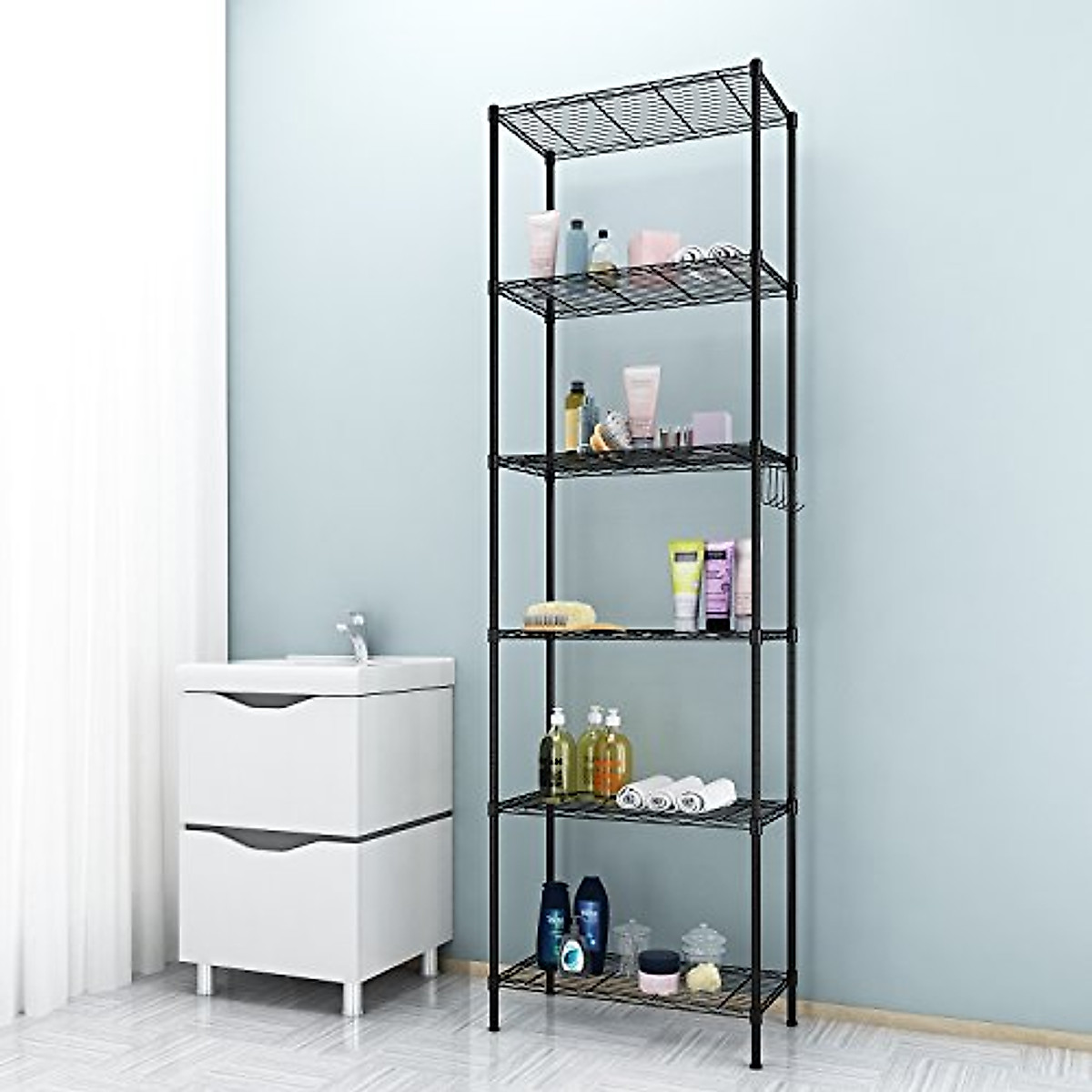 BATHWA 6-Tier Metal Wire Rack, Free Standing Shelving Unit, Adjustable Heavy Duty Storage Shelves for Kitchen Organization, with Leveling Feet and Stainless Side Hooks, Black