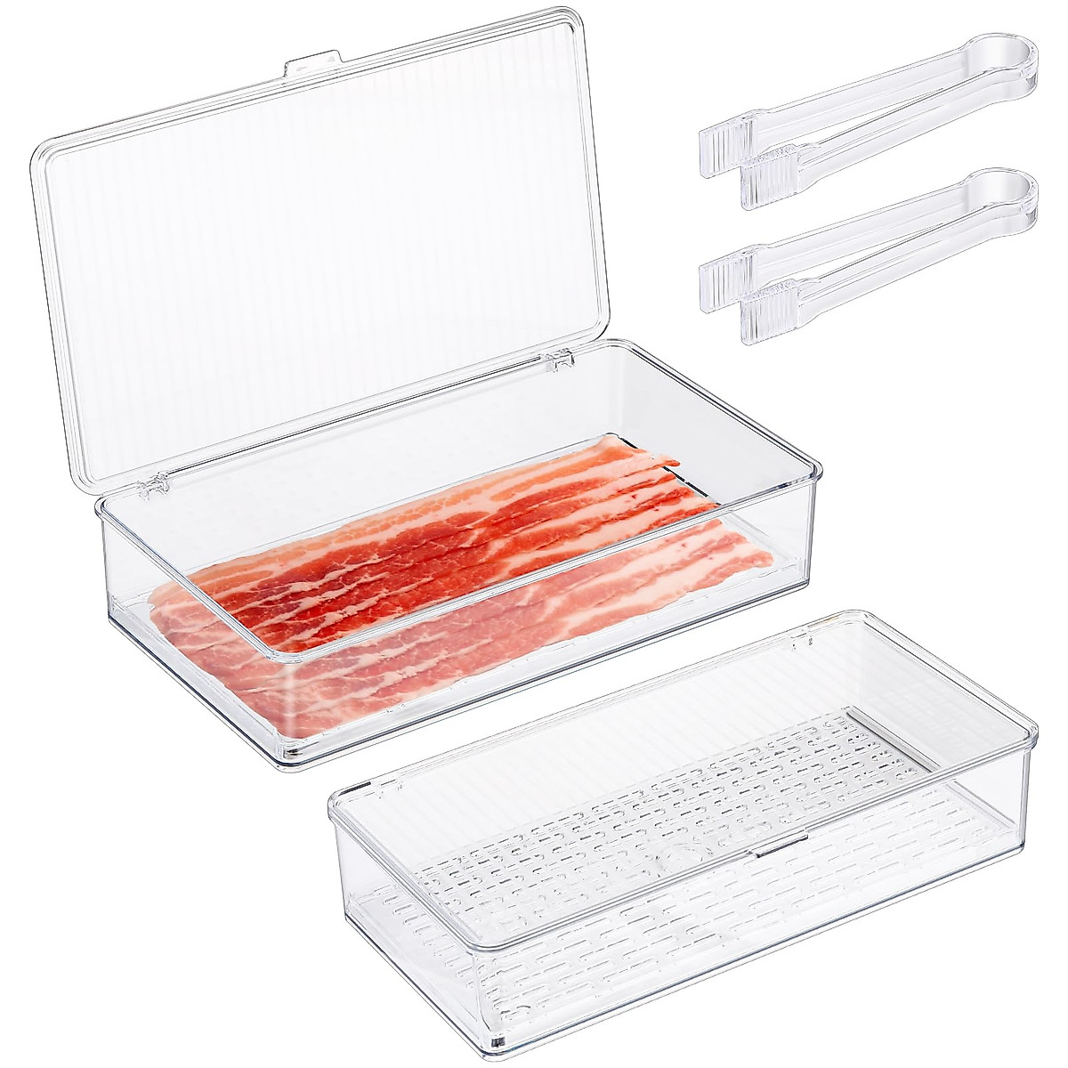 Gandeer 4 Pack Bacon Container for Refrigerator with 2 Acrylic Food Servings Tongs and Drain Plates for Fridge Bacon Holder Deli Meat Cheese Keeper Safe Long Kitchen Food Storage Containers with Lids