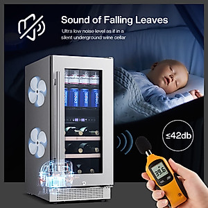 WINEBOSS 15 Inch Wine and Beverage Refrigerator, 13 Bottle & 48 Cans Dual Zone Built-in Under Counter Cooler Freestanding Cellars Fridge with Upgrade Compressor Tempered Glass Door Lock, Small Chiller