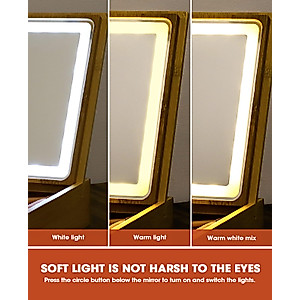 Onism Bamboo Makeup Organizer with LED Light Mirror, Cosmetic Organizer Storage for Store Cosmetics, Makeup Brushes, Jewelry, Hair Accessories, Perfect for Bathroom, Bedroom, Vanity