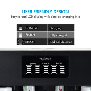 Tenergy TN486U 5-Bay Universal Battery Charger with LCD, Micro USB/Type C Input, for AA, AAA, C, D, and 9V Rechargeable Batteries