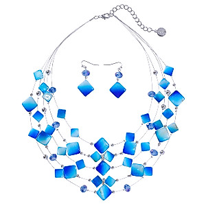 Coiris 5 Layer Illusion Wire Gradient Color Shell Beaded Statement Necklace for Women(N0021-Blue)
