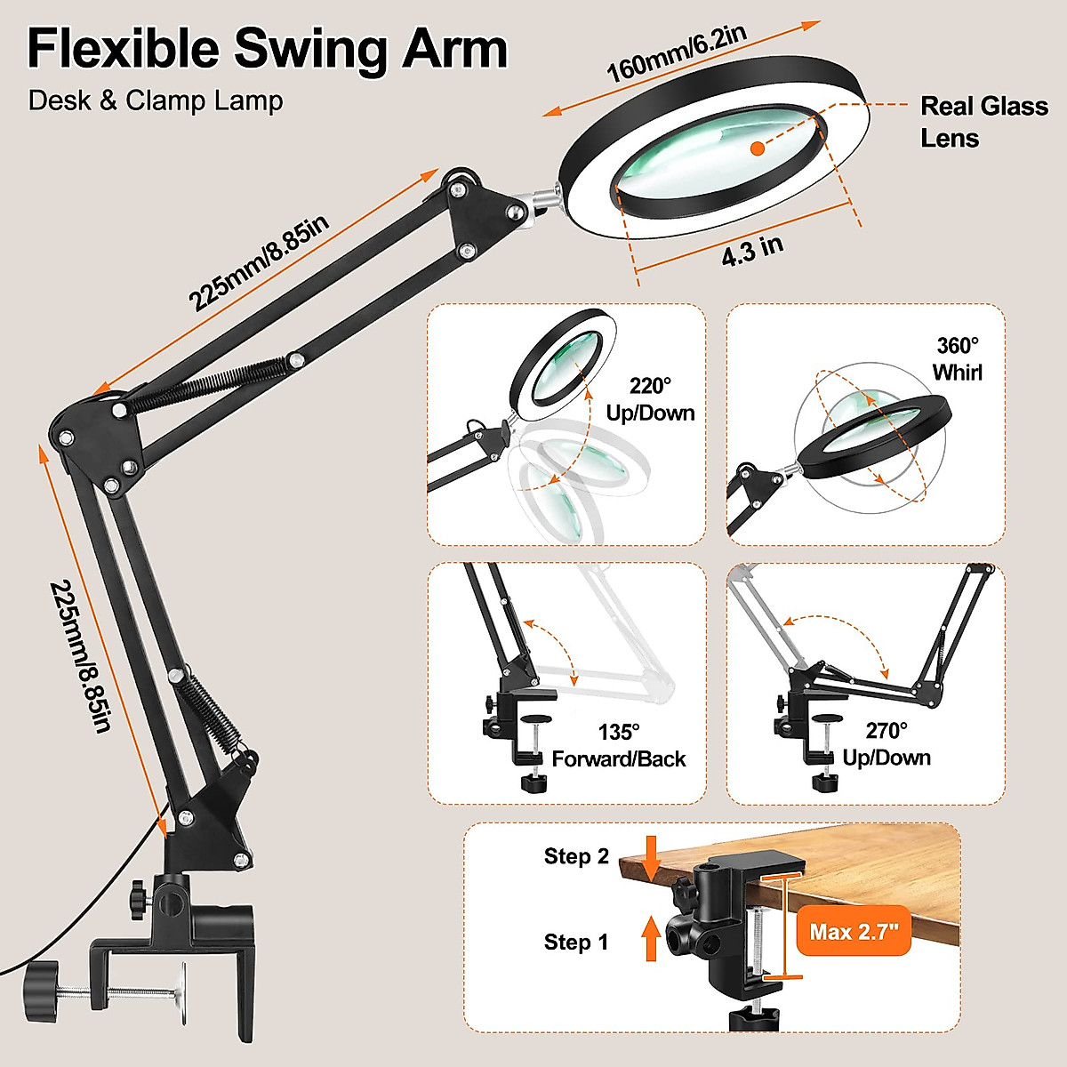 BRISON Magnifying Desk Lamp with Clamp, 3 Adjustable Light, 10 Brightness 8X Magnifier Lamps for Reading/Office/Soldering/Crafts, Swing Arms LED Desk Lamp with Sleep Timer Function