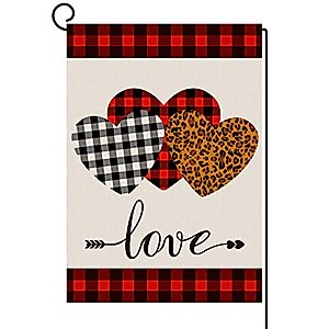Welcome Valentines Day Garden Flag Vertical Double Sided Buffalo Plaid Leopard Love Hearts Burlap Garden Flag, Valentine's Day Anniversary Wedding Yard Outdoor Decoration 12.5 x 18 Inch