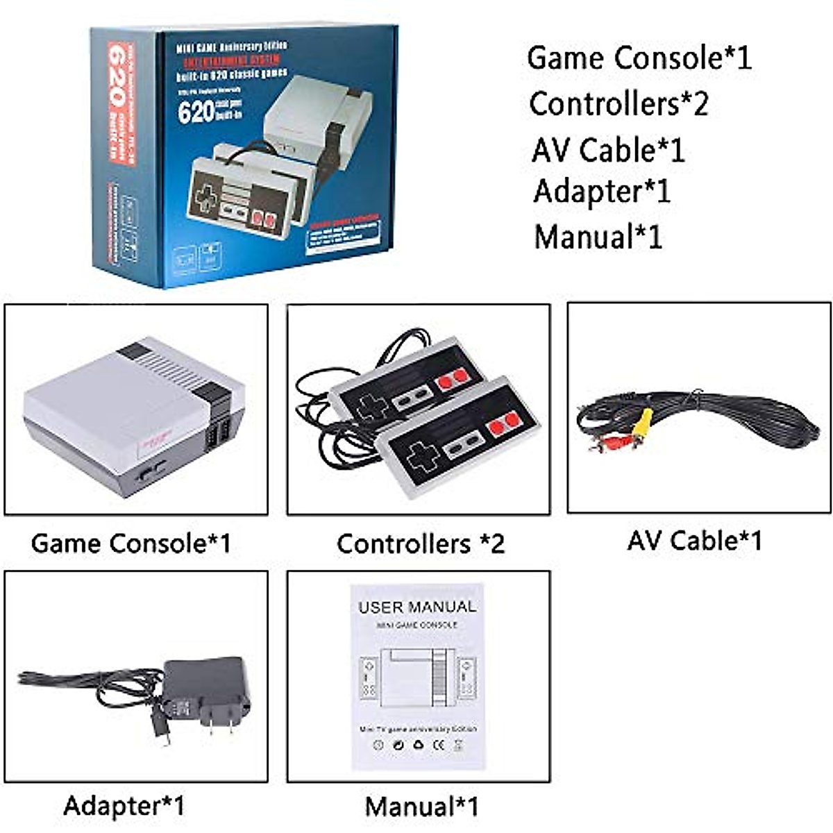 Classic Retro Console, AV Output Mini NES Old Video Game Console Built-in 620 Games with 2 Classic Controllers for Adults and Children