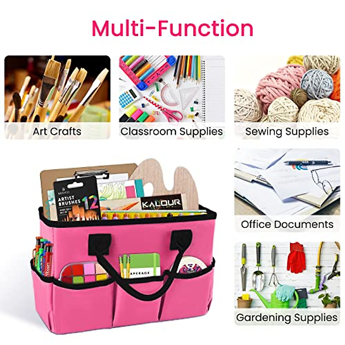 Godery Desktop Tote and Stock Organize, Teacher Helper Tote Bag Organization for Arts, Books, Stationery, etc, and Office Desk Organize, Make-up Storage Tote with Handles for Travel (PINK)