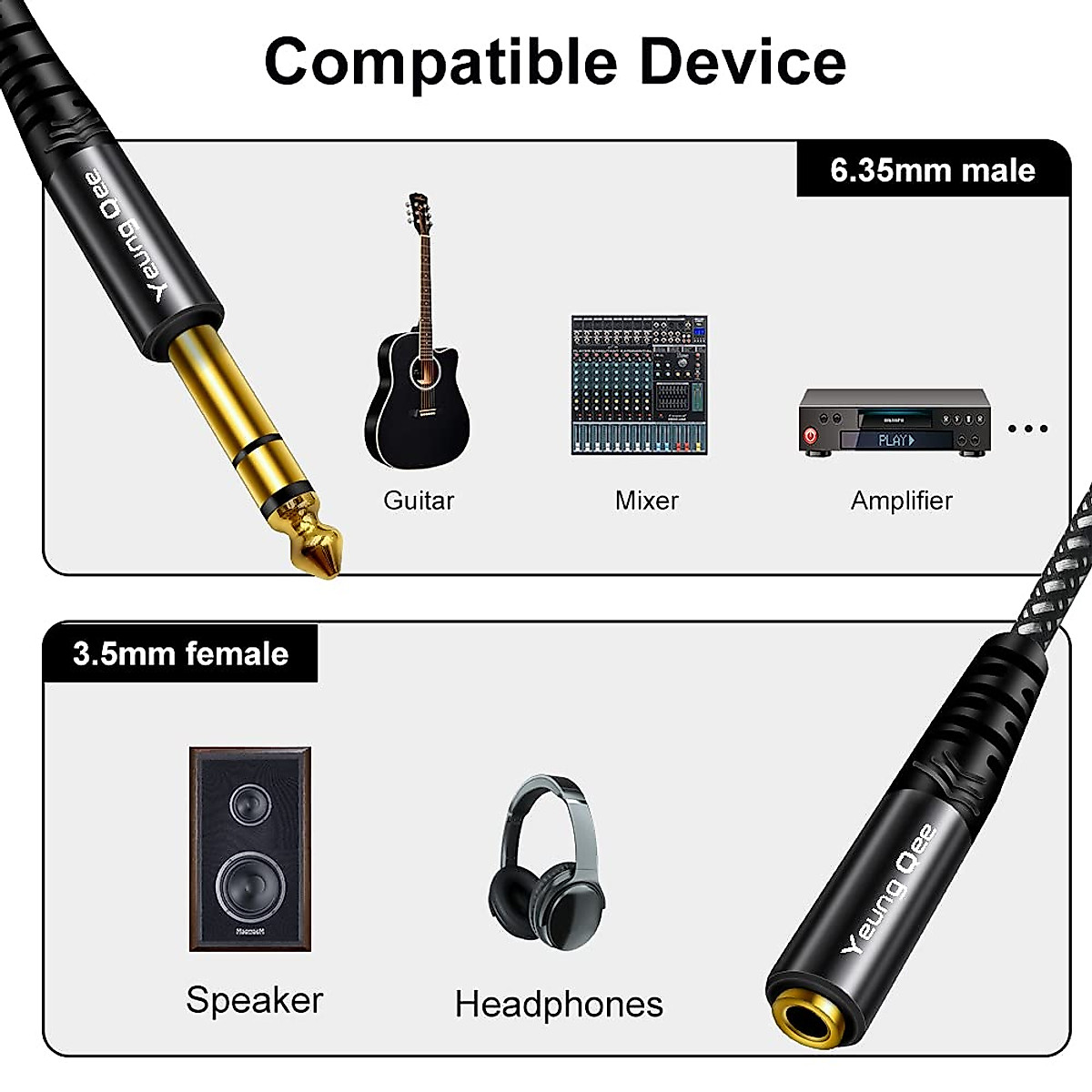 6.35mm to 3.5mm Headphones Adapter cable 1.5 ft,TRS 1/4" Male to 1/8" Female Stereo Audio Cable Compatible for Amplifiers, Guitar Amp, Piano, Home Theater Devices, or Mixing Console (1.5FT/0.5M)
