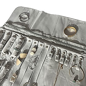 UnionPlus Velvet Travel Jewelry Case Roll Bag Organizer for Necklace Bracelet Earrings Ring, 6 PVC Pockets, Black+ Grey Upgrade Version