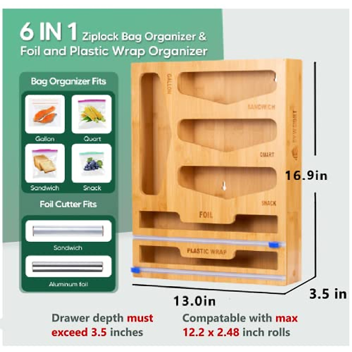 Ziplock Bag Organizer - 6 in 1 Wrap Dispenser with Cutter and Labels, Bamboo Reusable Baggies Dispenser Container, Storage Organizer for Kitchen Drawer, Compatible with Gallon, Quart, Sandwich & Snack