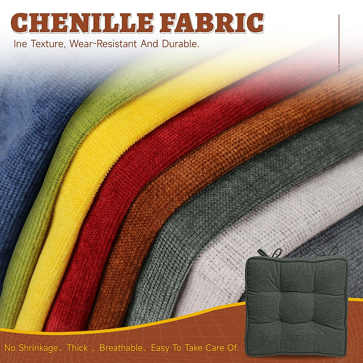 Focuprodu Chair Cushions. 18x18 Inch Thick Soft Chenille Fabric for Patio Chair Cushion. Double-sided Use with Ties for Office/Dining Room/Window (Dark Gray)