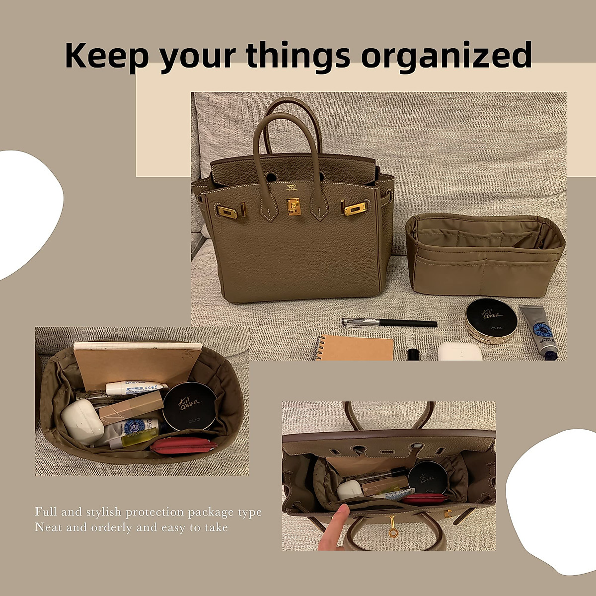 DGAZ Purse Organizer Silky Smooth,Silk,Luxury Handbag Tote in Bag Shapers, Women- Fits Birkin25/30/35/40 Bags (Etoupe grey, BK25)