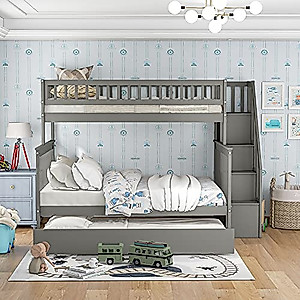 Harper & Bright Designs Twin Over Full Bunk Beds with Trundle , Bunk Beds with Stairs and Storage Shelf ,Wood Bunk Beds with Full-Length Guard Rail for Kids , Gray