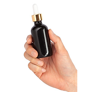 JUVITUS 2 oz Black Glass Luxury Boston Round Bottle with Gold Dropper (12 Pack) + Funnel