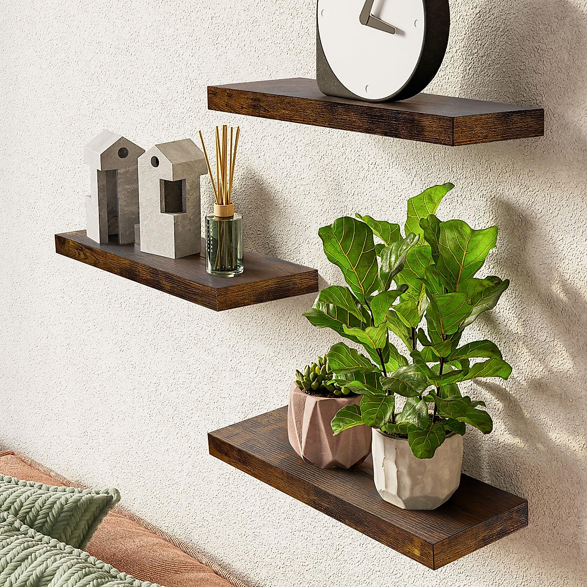 BAYKA Floating Wood Shelves - Wall Mounted for Bathroom,Bedroom,Living Room,Kitchen,Small Hanging Shelf for Books/Storage/Room Decor with 22lbs Capacity(Rustic Brown,Set of 3,15.7inch)