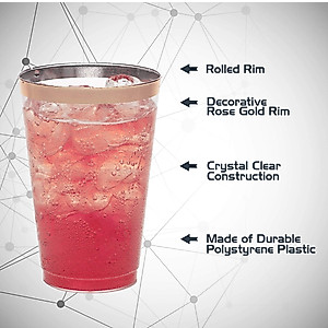 Prestee Rose Gold Rim Plastic Cups, 14 oz. 50 Pack, Hard Clear Plastic Cups, Disposable Party Cups, Fancy Wedding Tumblers, Elegant Decoration Cups, Plastic Tumblers Bulk