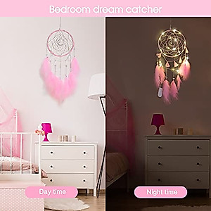 Nice Dream Pink Dream Catchers, Room Nursery Decor for Girls Boys, Handmade Feather Wall Decor with Lights, Home Ornaments Craft Gift for Bedroom