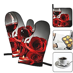 YILEQUAN Red Rose Wine Glass and Candle Print Oven Mitts Pot Holders Sets,Kitchen Glove High Heat Resistant 500 Degree Potholder,Surface Safe for Baking, Cooking, BBQ,Pack of 3