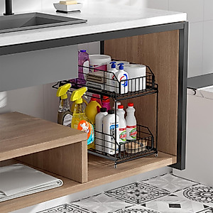 SUEH DESIGN Under Sink Organizers and Storage, Large Capacity Under Cabinet Storage 2 Tier Pull Out Kitchen Cabinet Organizer with Hanging Rail for Bathroom Kitchen Storage Shelf