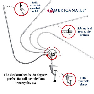 Americanails Original FlexiLamp - LED Table Desk Lamp - Removable Clamp - Adjustable Lighting for Nail Stations - Manicure Table Light - Flexible Arm - 48 LED Beads - 300 Lumens